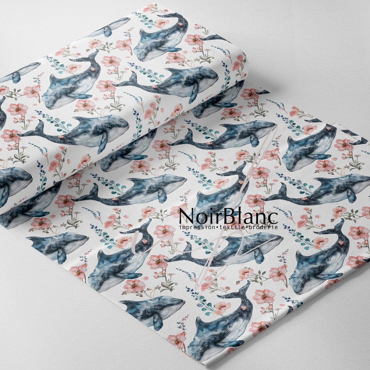 Baleine et fleur aquarelle rose – NoirBlanc.ca